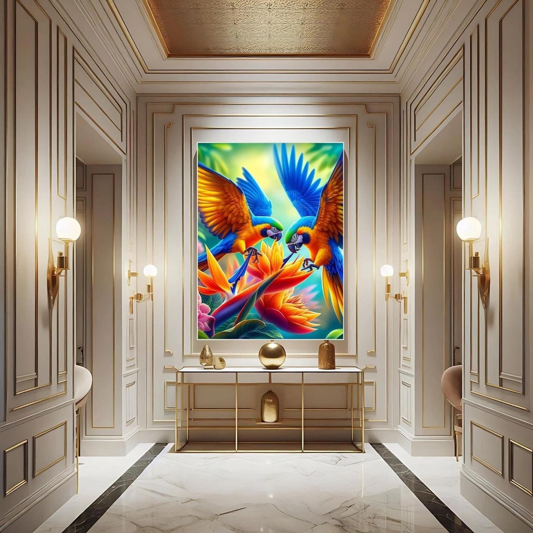 Tropical Flowers Vibrant Macaw Parrots Aluminum Metal Print, Bright ...