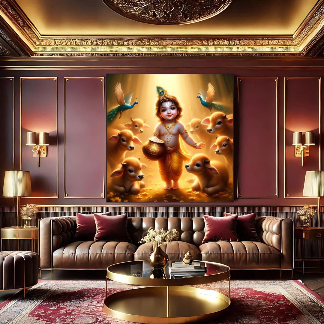 Baby Krishna Aluminum Print: Hindu God, Calves & Peacocks Wall Art - Etsy