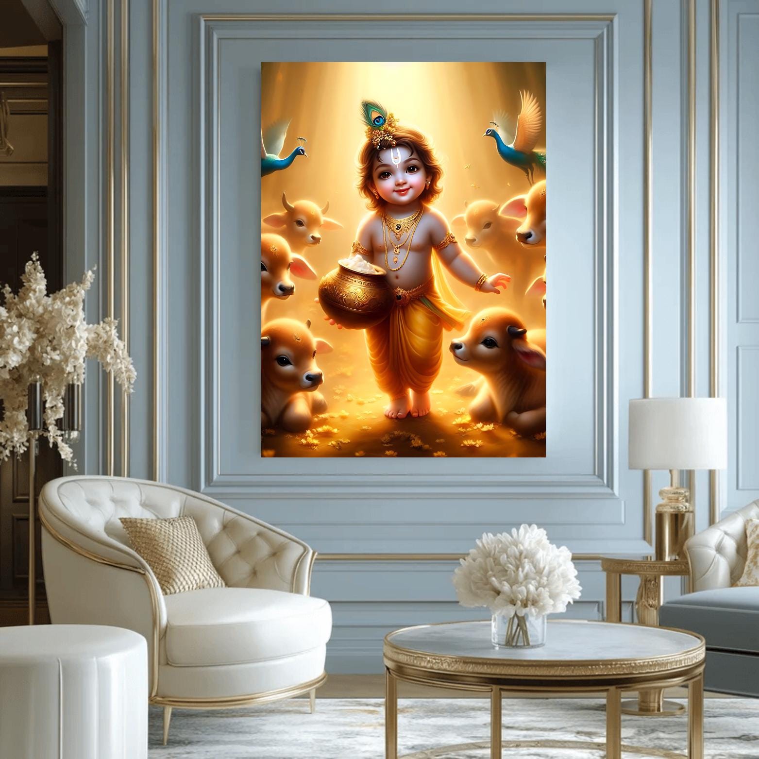 Baby Krishna Aluminum Print: Hindu God, Calves & Peacocks Wall Art - Etsy