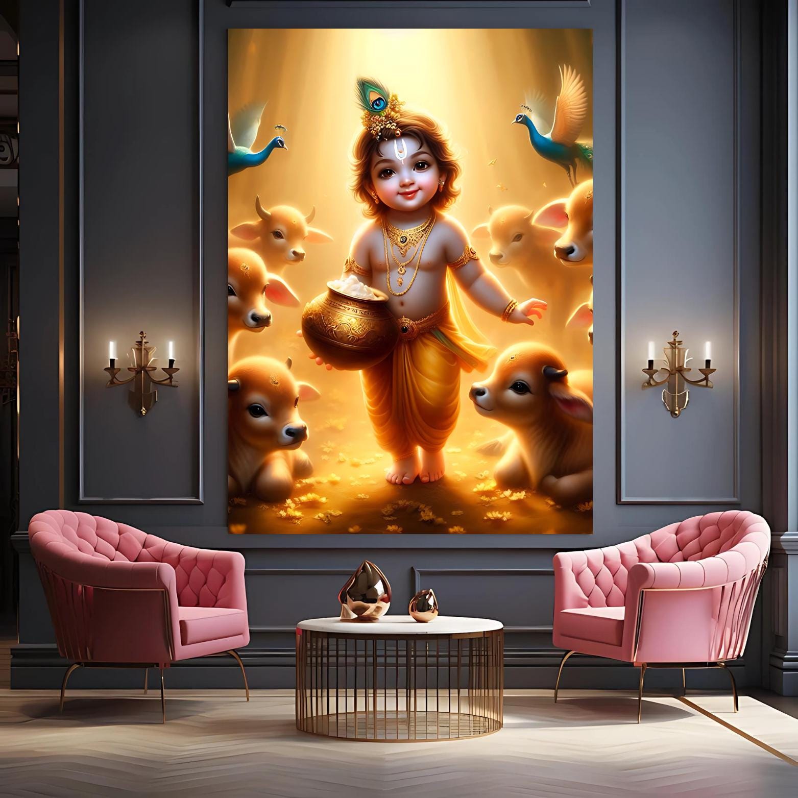 Baby Krishna Aluminum Print: Hindu God, Calves & Peacocks Wall Art - Etsy