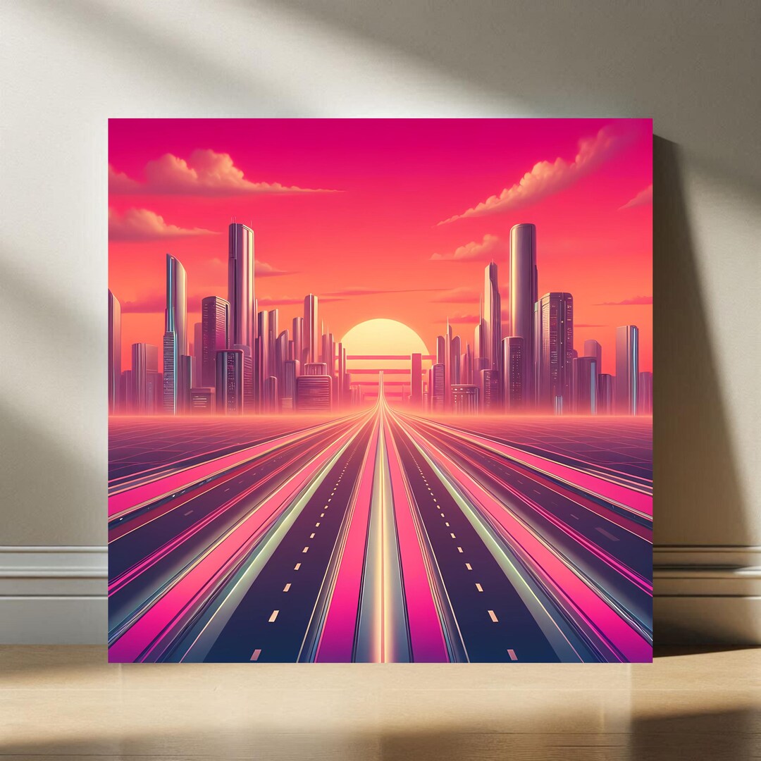 Retro Cyberpunk Cityscape Metal Wall Art: Neon Sunset Highway - Etsy