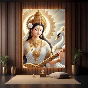 Divine Saraswati Mata Aluminum Metal Print, Sacred Vedic Goddess of ...