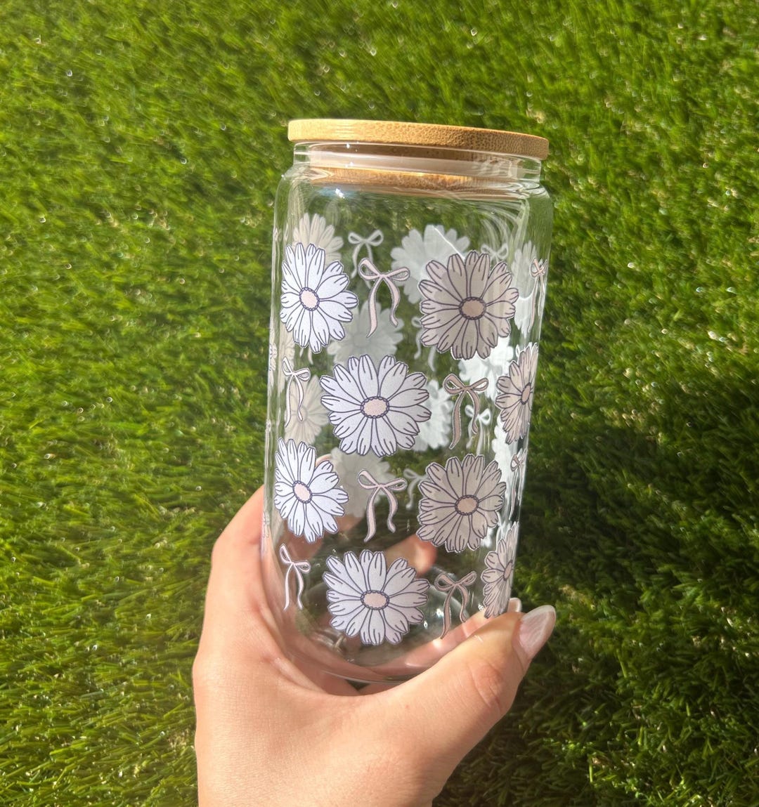 Purple Flower Glass Cup With Lid and Straw | Iced Coffee Cup | Floral ...