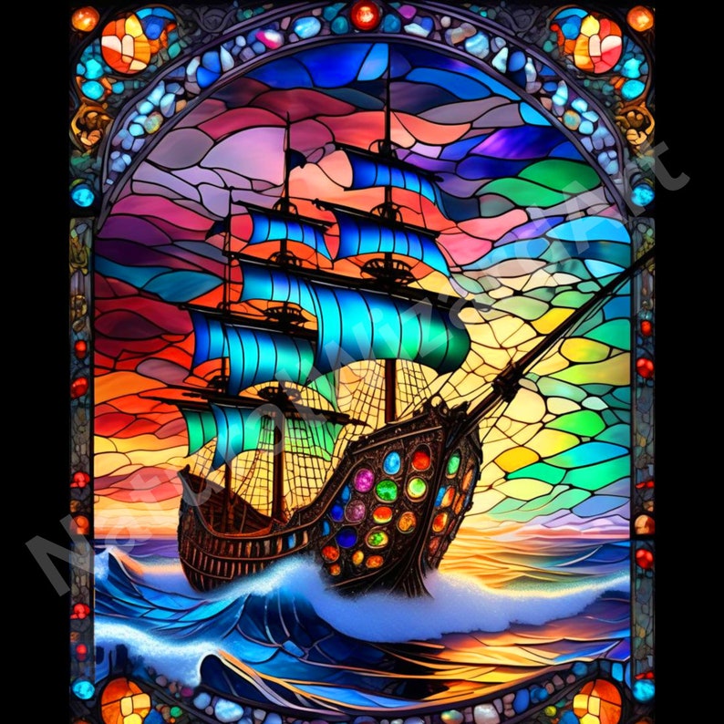 Stained Glass Ships 3pk Printable Digital Art Fantasy Pngs Colorful Medieval Ships Sparkly
