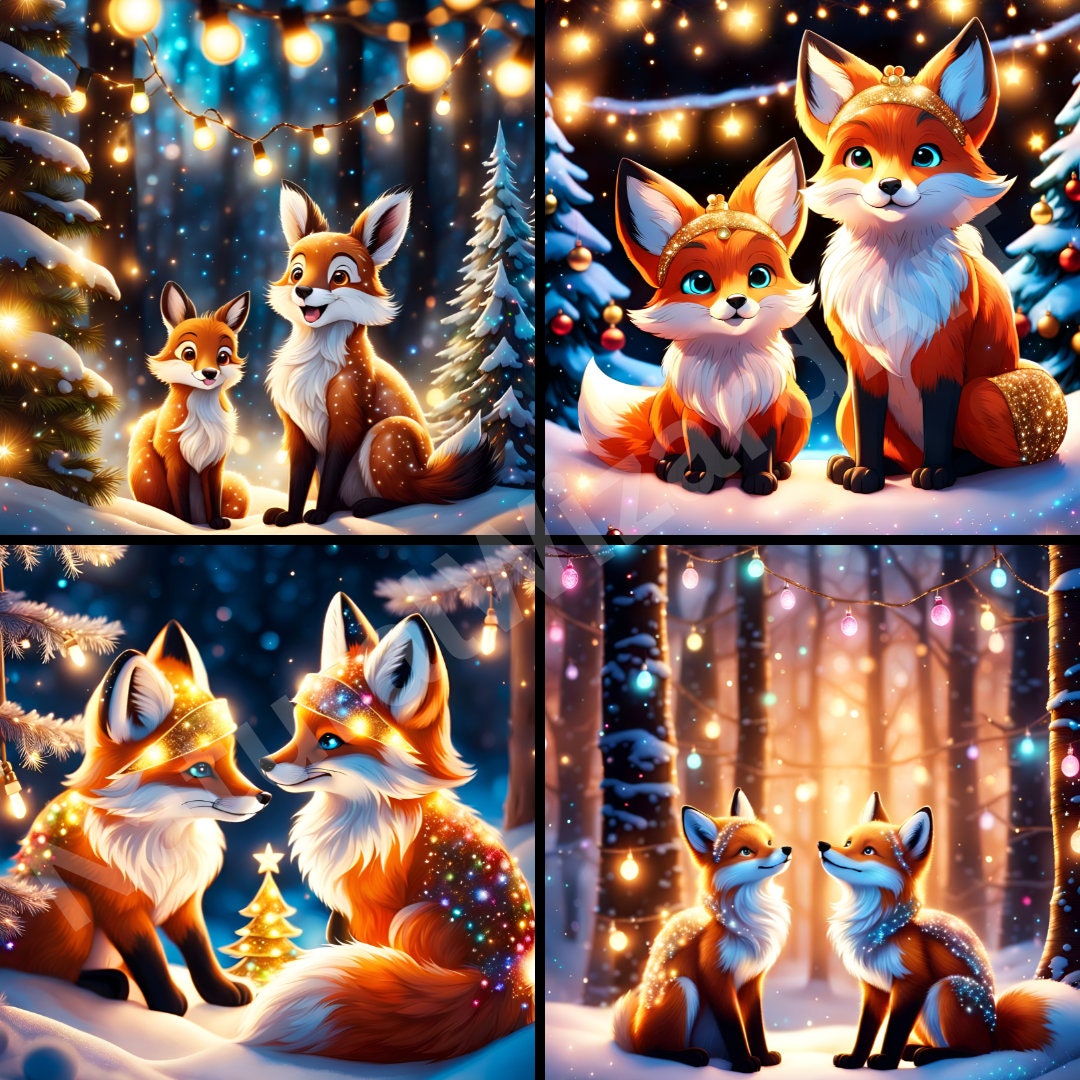 Adorable Foxes 4-pk Printable Digital Art, Holiday PNG Winter Image ...