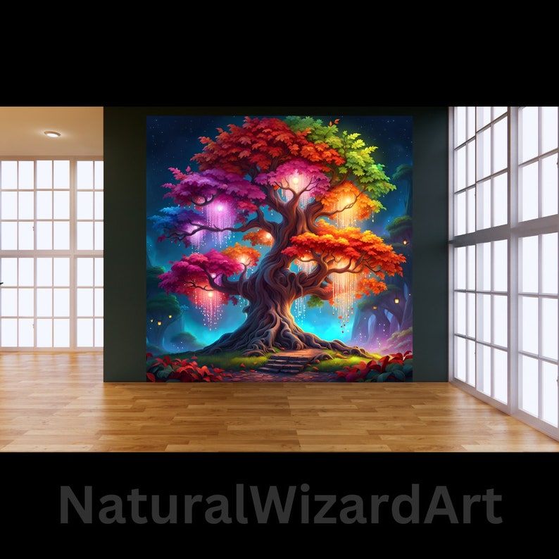 Colorful Tree With Crystals and Bright Lights, Printable Digital Art ...