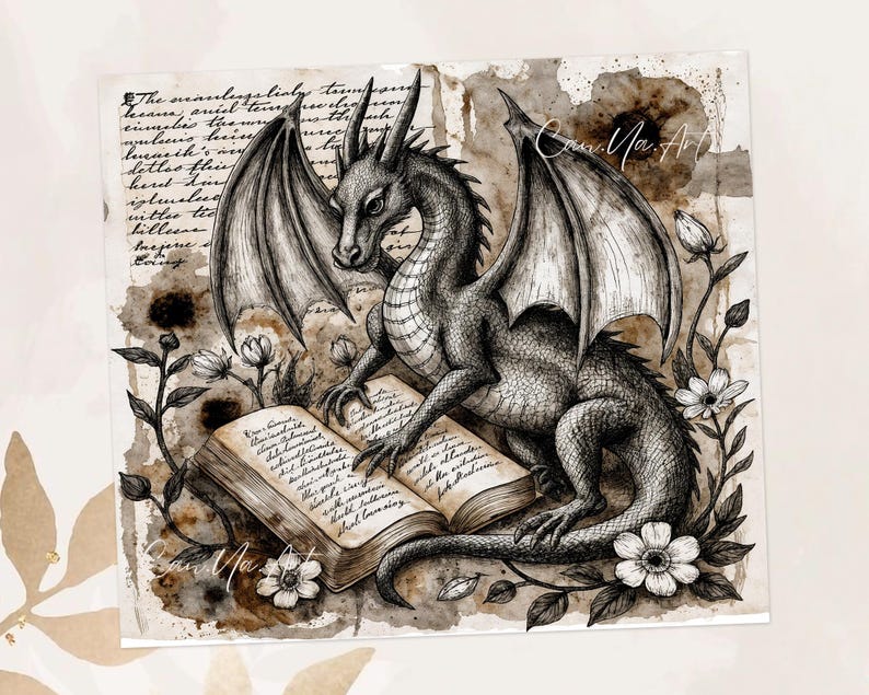Dragon Tumbler Wrap, Book 20oz Skinny Sublimation Design (PNG Digital ...