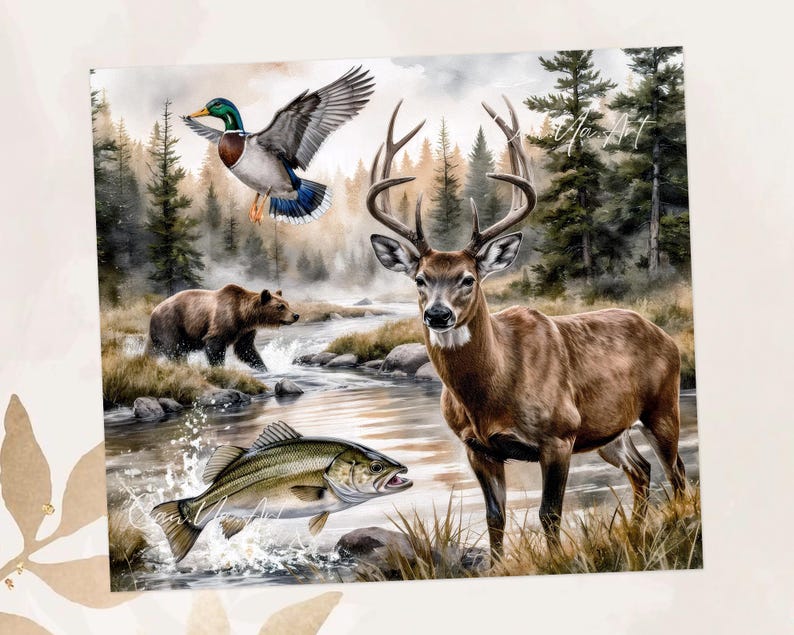 Hunting Tumbler Wrap, Deer, Bear, Duck Design, Bass Fishing 20oz Skinny ...