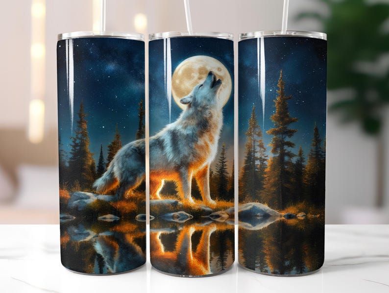 Wolf Howling Moon Tumbler Wrap, Forest Wildlife Sublimation Design (PNG ...