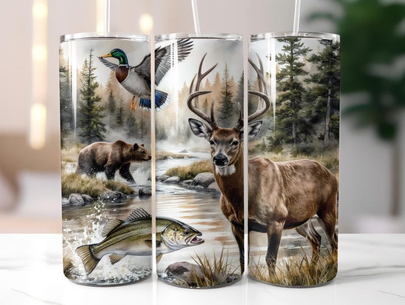 Hunting Tumbler Wrap, Deer, Bear, Duck Design, Bass Fishing 20oz Skinny ...