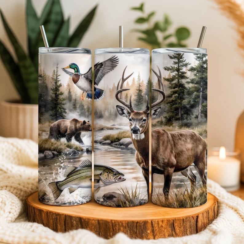 Hunting Tumbler Wrap, Deer, Bear, Duck Design, Bass Fishing 20oz Skinny ...