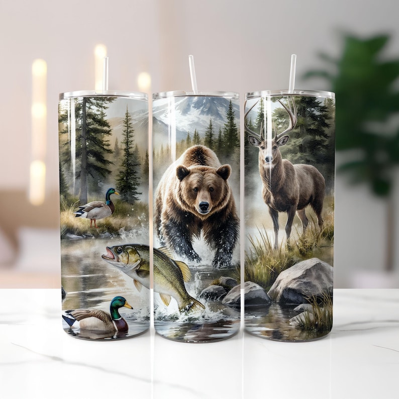 Hunting Tumbler Wrap, Bear, Deer, Duck, Bass Fishing 20oz Skinny ...