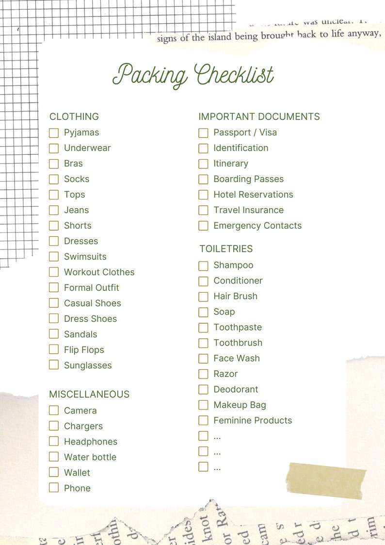 Editable Travel Packing List | Packing Checklist for Holiday, Vacation ...