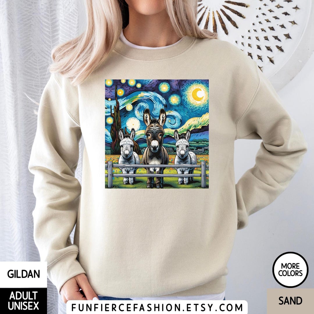 Donkey Friends Van Gogh Starry Night Farm Scene Sweatshirt, Boho Floral ...