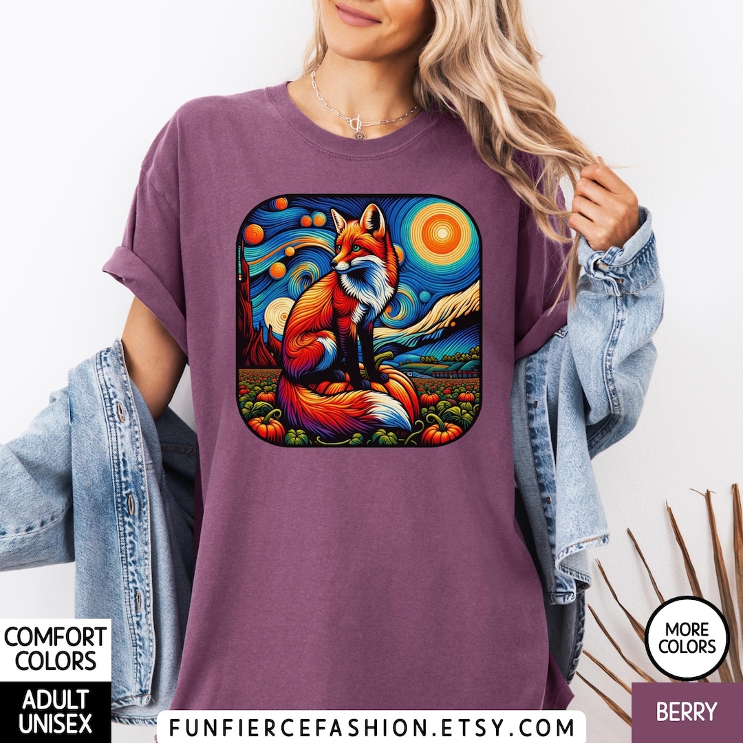 Cute Red Fox Pumpkin Patch Van Gogh Starry Night Fall Tshirt, Whimsical ...