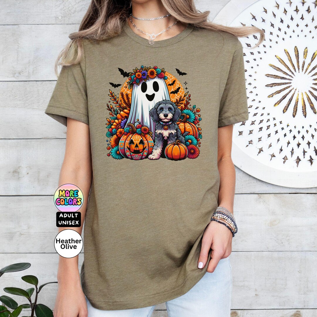 Cute Ghost Doodle Dog Pumpkin Flowers Halloween Tshirt, Cockapoo ...