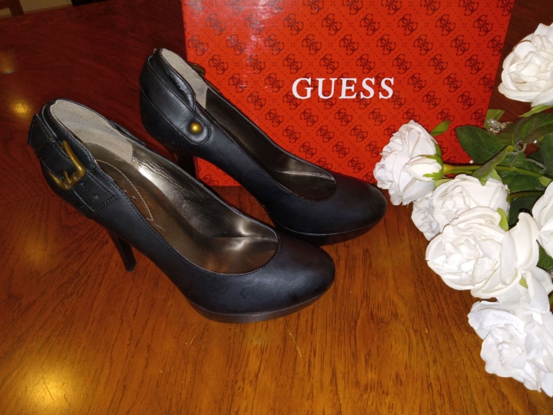 GUESS Black GENUINE LEATHER Upper Heels With Slide Buckle Size - Etsy