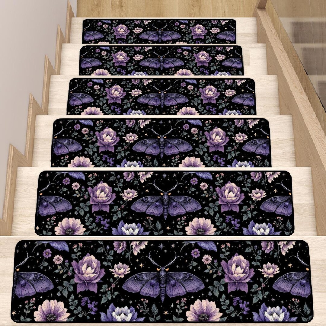 Purple Butterfly Wildflower Stair Case Anti Slip Floor Mat, Floral ...