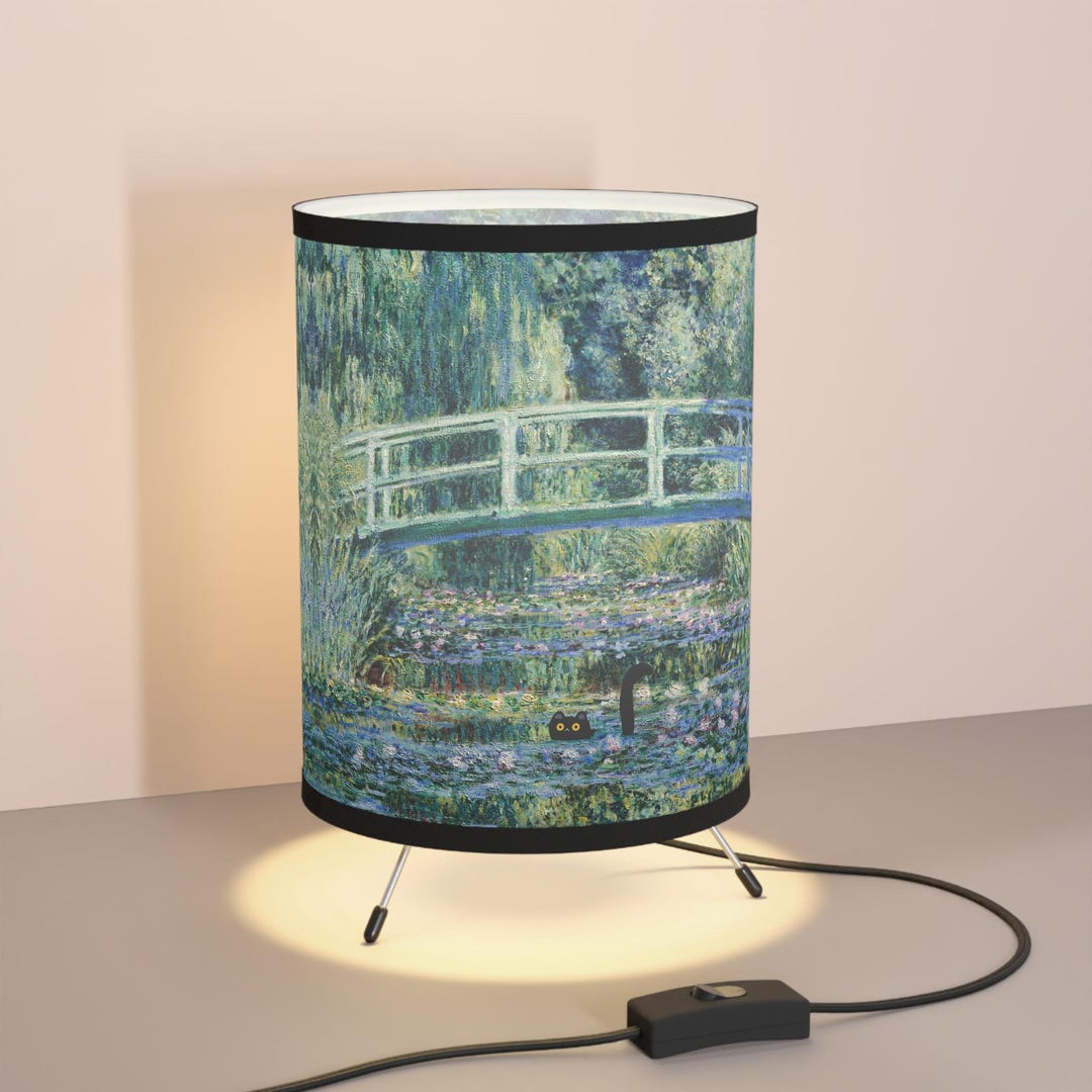 Black Cat Monet Painting Linen Table Lamp Printed Shade, Green Bridge ...