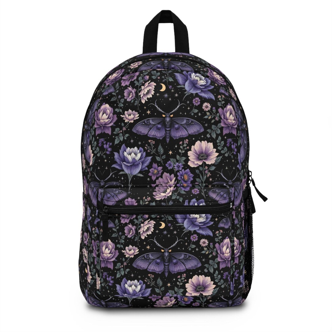 Purple Butterfly Backpack Bag, Black Floral Bag, Wildflower School ...