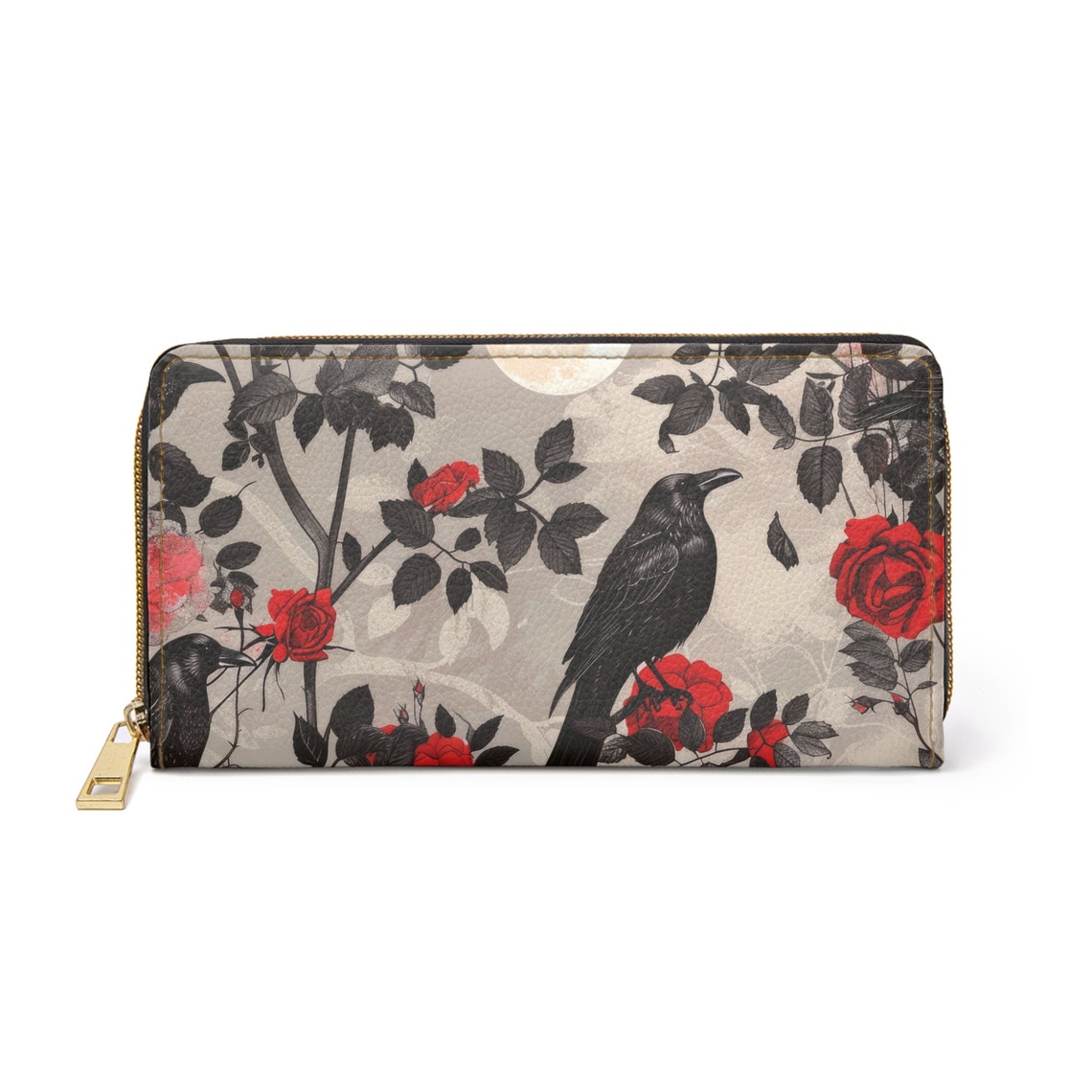 Crow and Roses Wallet With Zipper, Witchy Raven Cottagecore Cute Floral ...