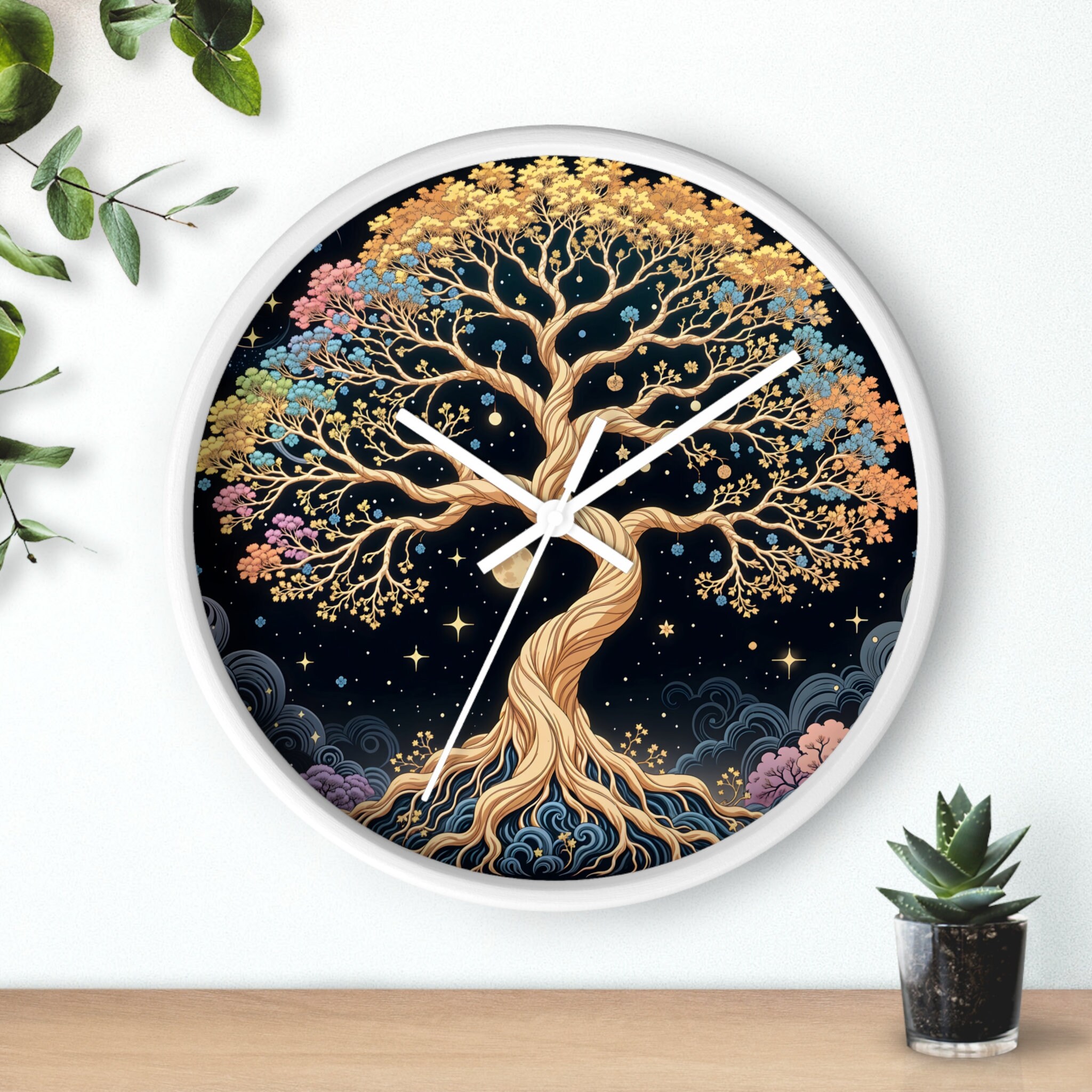 Rainbow Tree of Life Wall Clock, Cottagecore Celestial Stars Moon ...