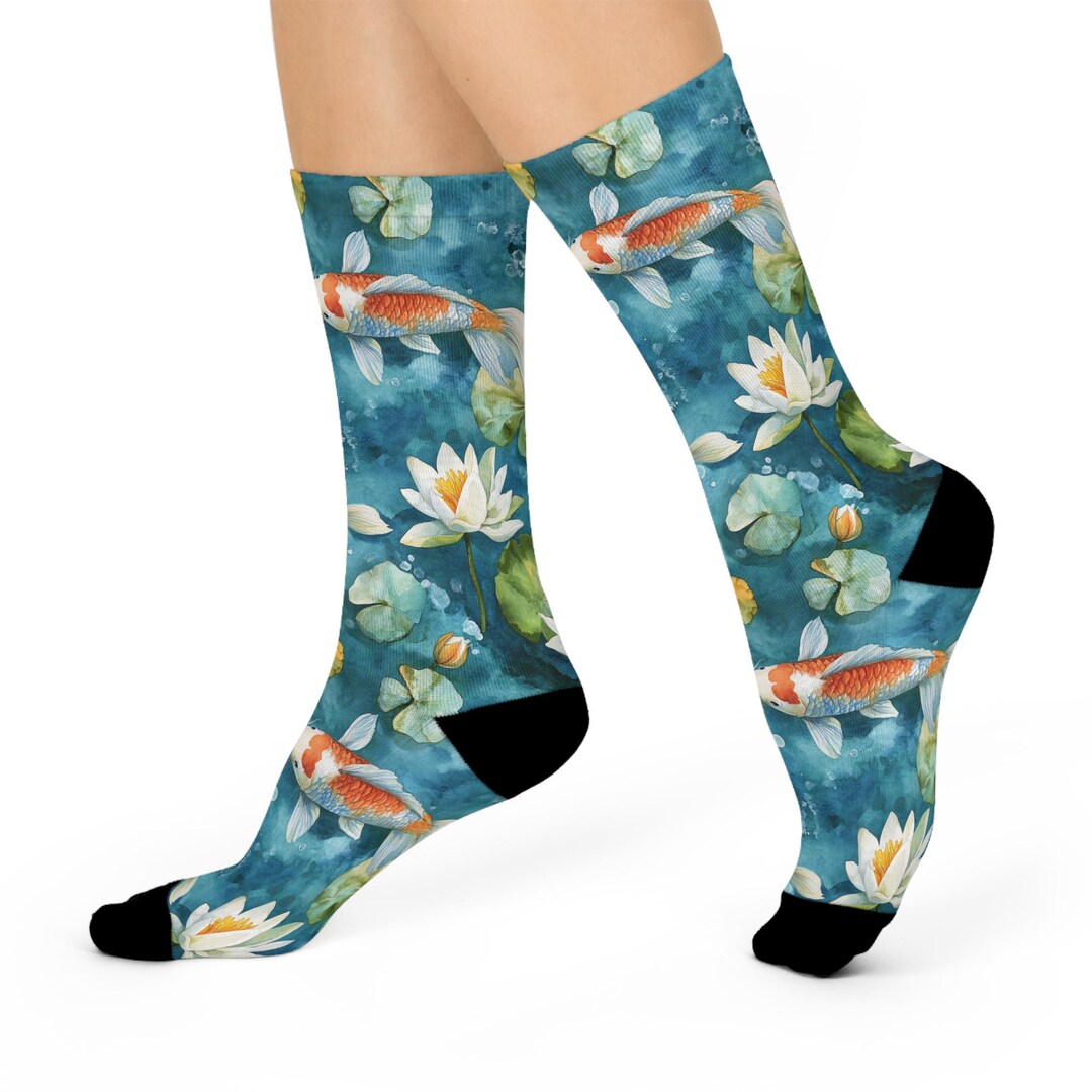 Koi Fish Socks, Japanese Watercolor Art Cottagecore Socks, Blue Ocean ...