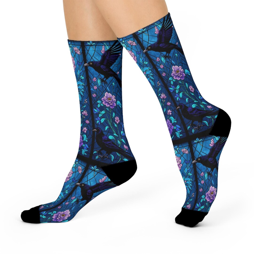Blue Mosaic Stained Glass Raven Socks, Wildflower Cottagecore Witchy ...