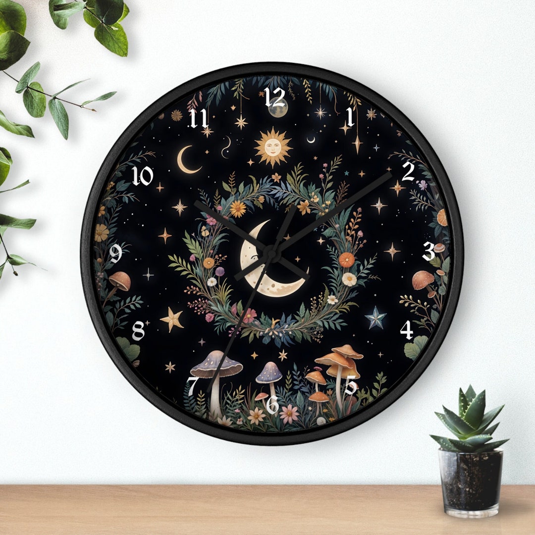 Mystical Moon Wildflower Wall Clock, Witchy Mushroom Wildflower ...