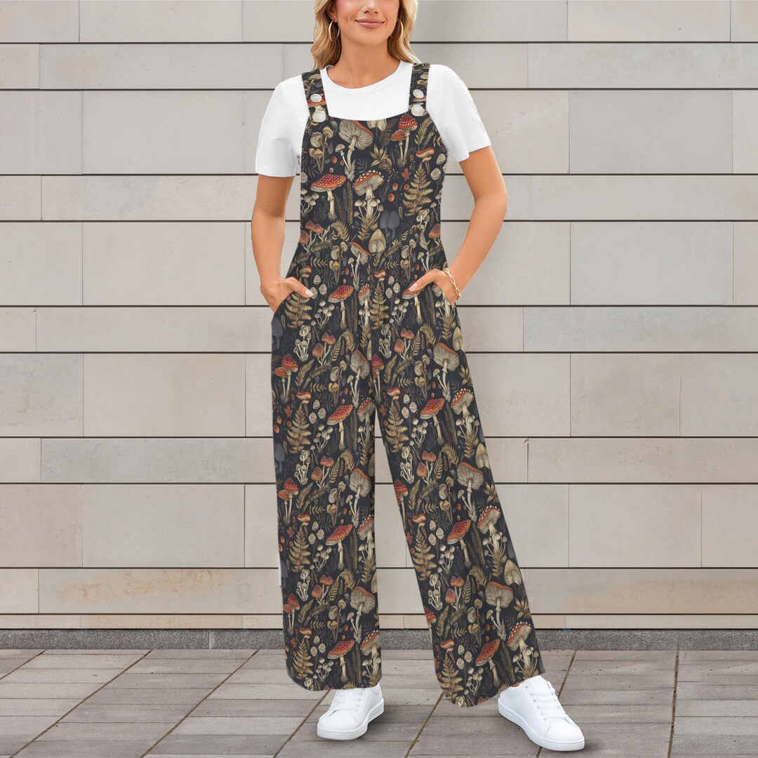 Botanical Mushroom Womens Long Overalls, Floral Witchy Bohemian ...