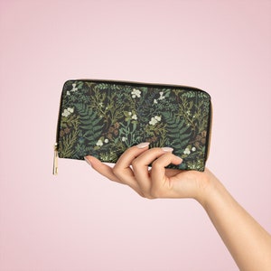 Wildflower Forest Ferns Wallet With Zipper, Green Cottagecore Cute Floral Womens Wallet Purse ...