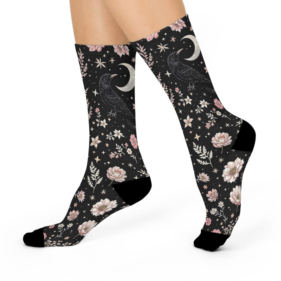 Black Raven Wildflower Socks, Cottagecore Witchy Socks, Emo Punk Gothic ...