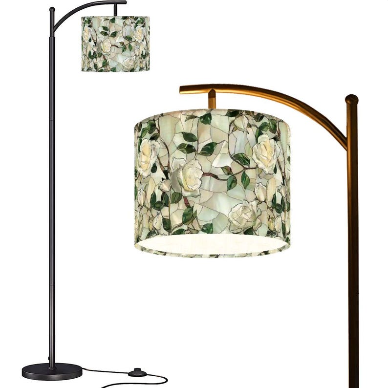 White Rose Floor Lamp Linen Shade, Cottagecore Floral Home Decor ...