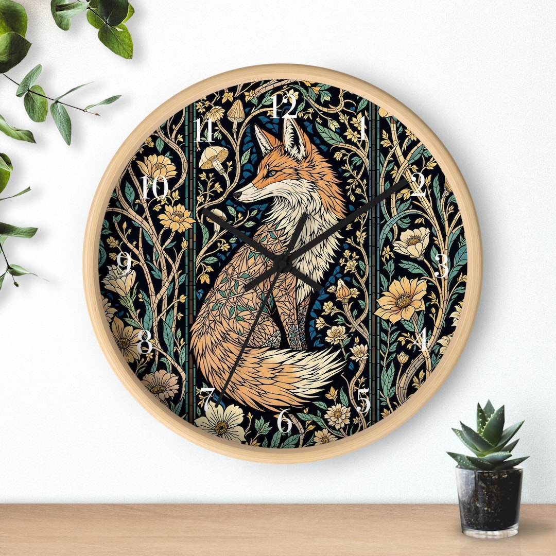 Fox Stained Glass Printed Wall Clock, Wildflower Floral Mosaic ...