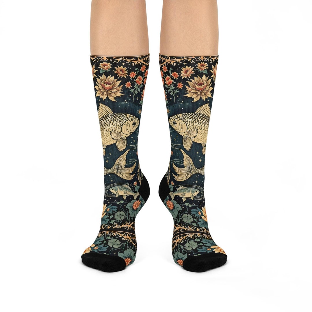 Koi Fish Pond Wildflower Socks, Japanese Cottagecore Witchy Socks, Emo ...