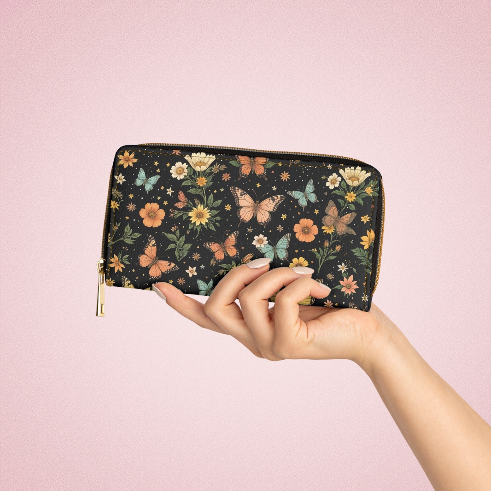 Butterfly Garden Wildflower Wallet With Zipper, Cottagecore Boho Cute ...