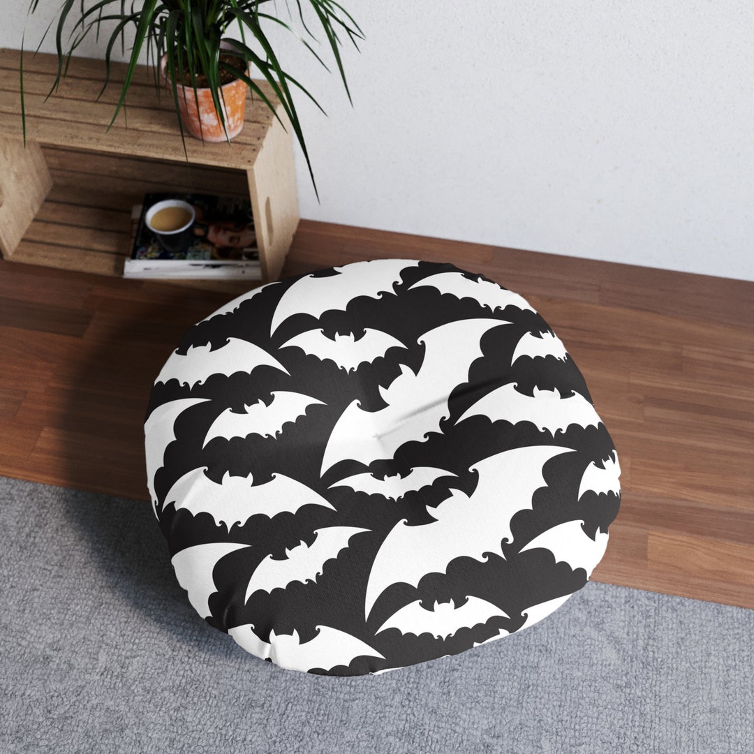 Black Bat Spooky Tufted Large Floor Pillow, Round Cushion Home Decor ...