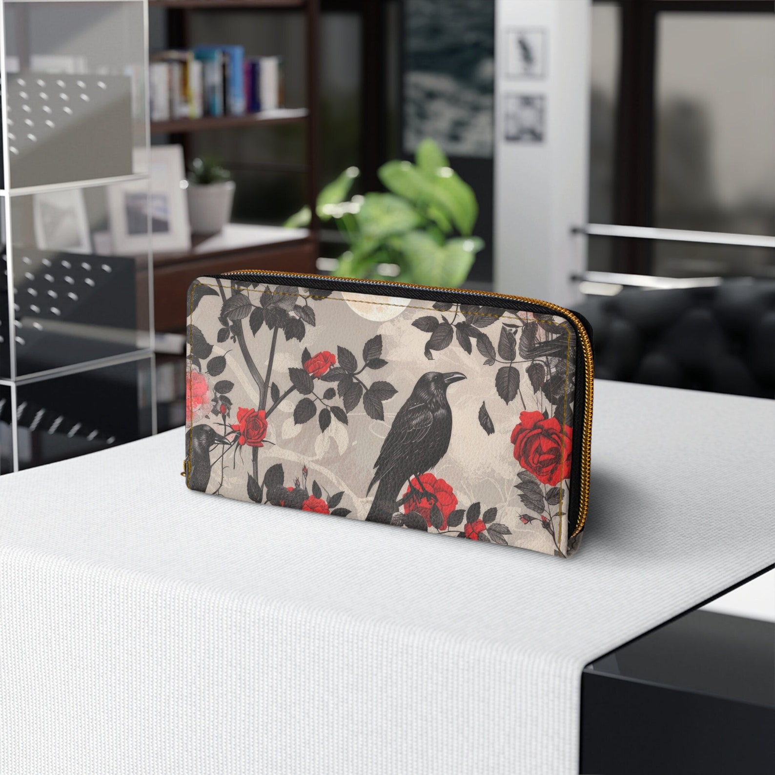 Crow and Roses Wallet With Zipper, Witchy Raven Cottagecore Cute Floral ...