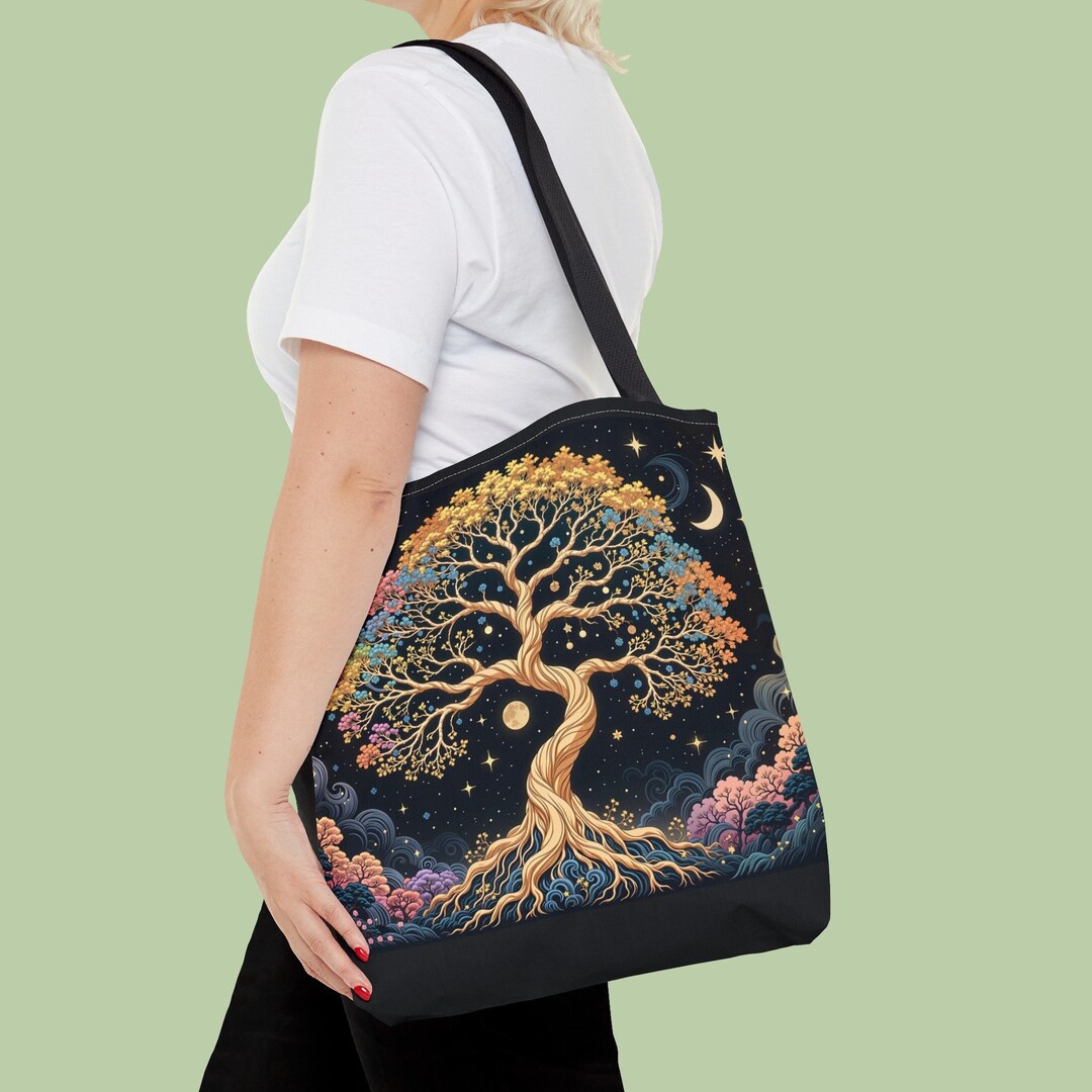 Tree of Life Tote Bag, Rainbow Cottagecore Hippie Shopping Library ...