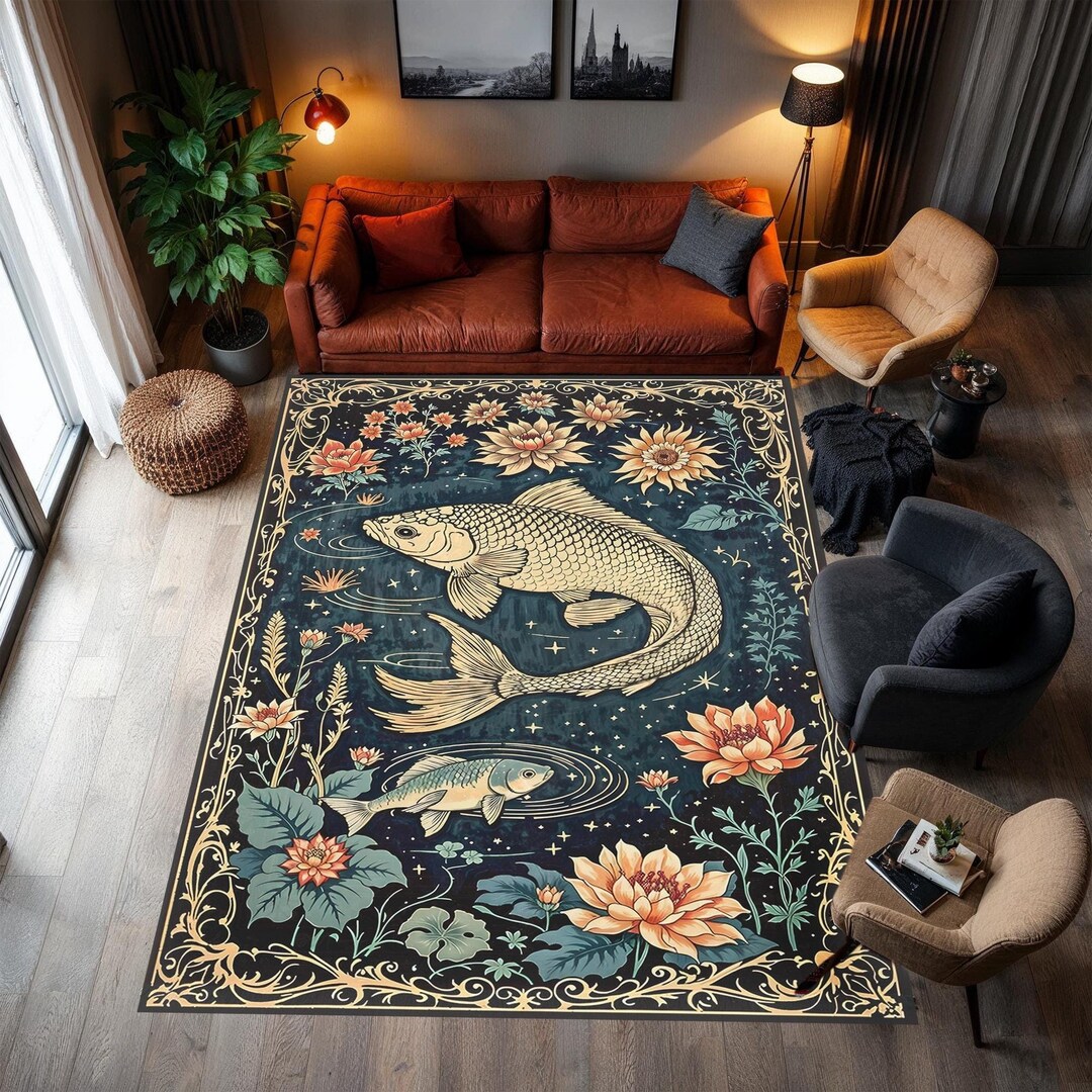 Koi Fish Floor Mat Rug, Boho Japanese Chenille Small Large Living Room ...