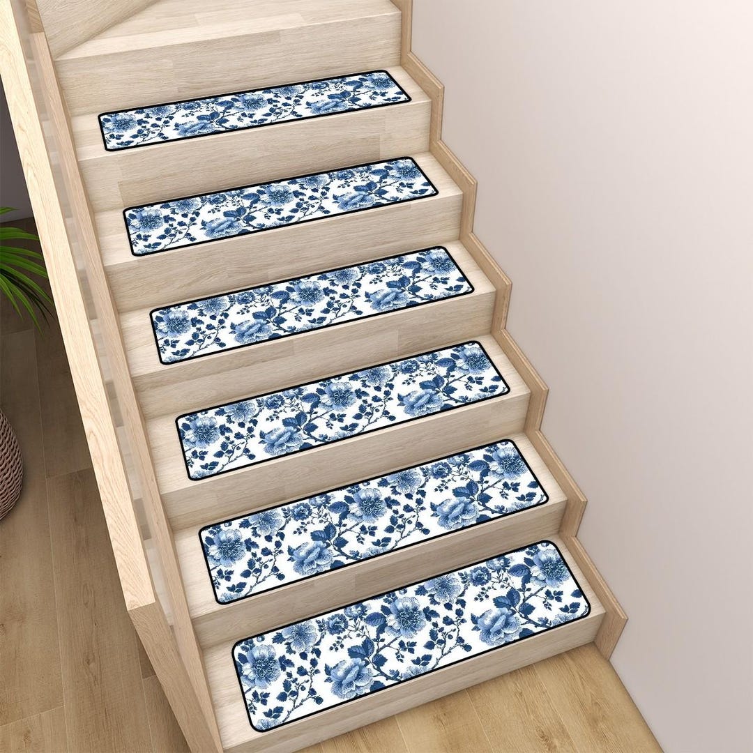 Blue Floral Chinoiserie Stair Case Anti Slip Floor Mat, Wildflower ...