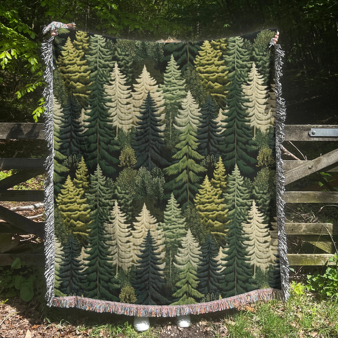 Green Tree Forest Throw Blanket, Witchy Fringe Picnic Blanket, Nature ...