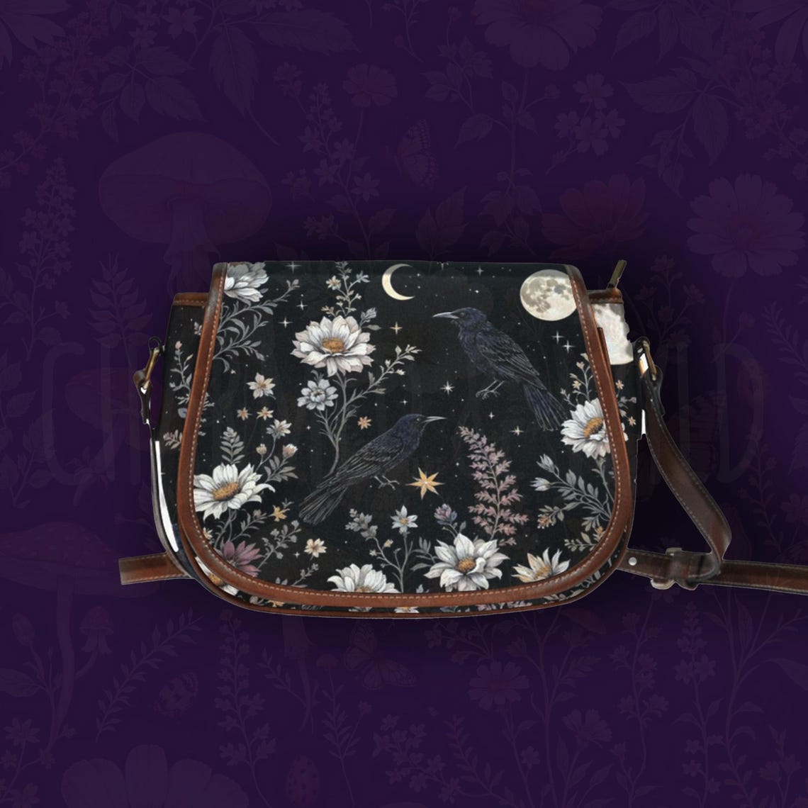 Black Crow Cross Body Handbag, Wildflower Gothic Hippie Satchel Bag ...