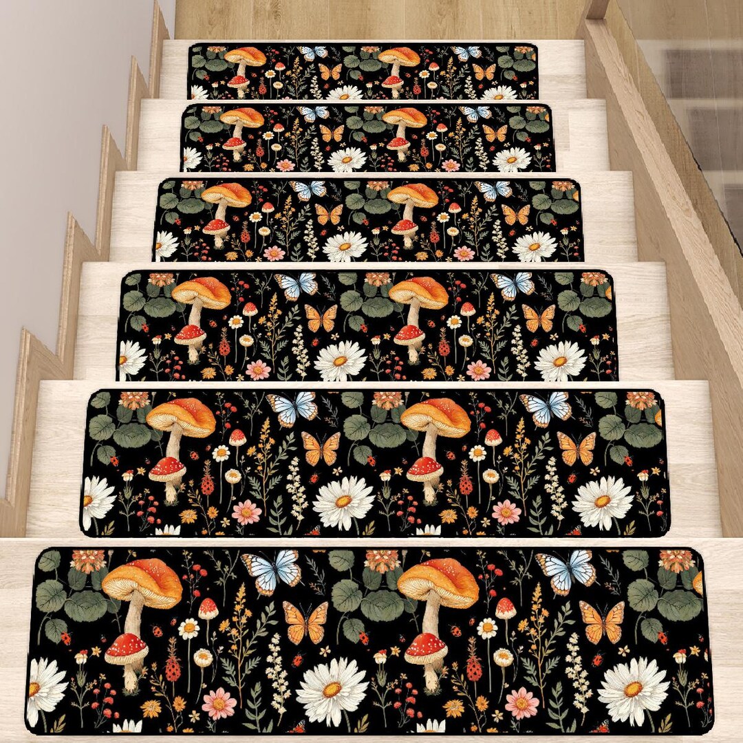 Orange Mushroom Floral Stair Case Anti Slip Floor Mat, Witchy Nouveau ...