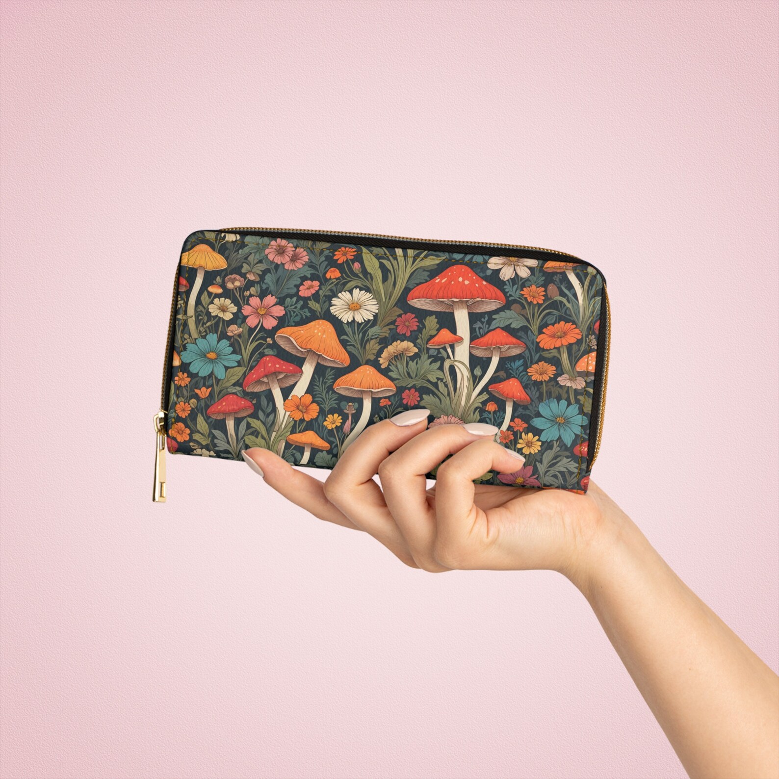 Mushroom Wildflower Garden Wallet With Zipper, Cottagecore Moon Cute ...