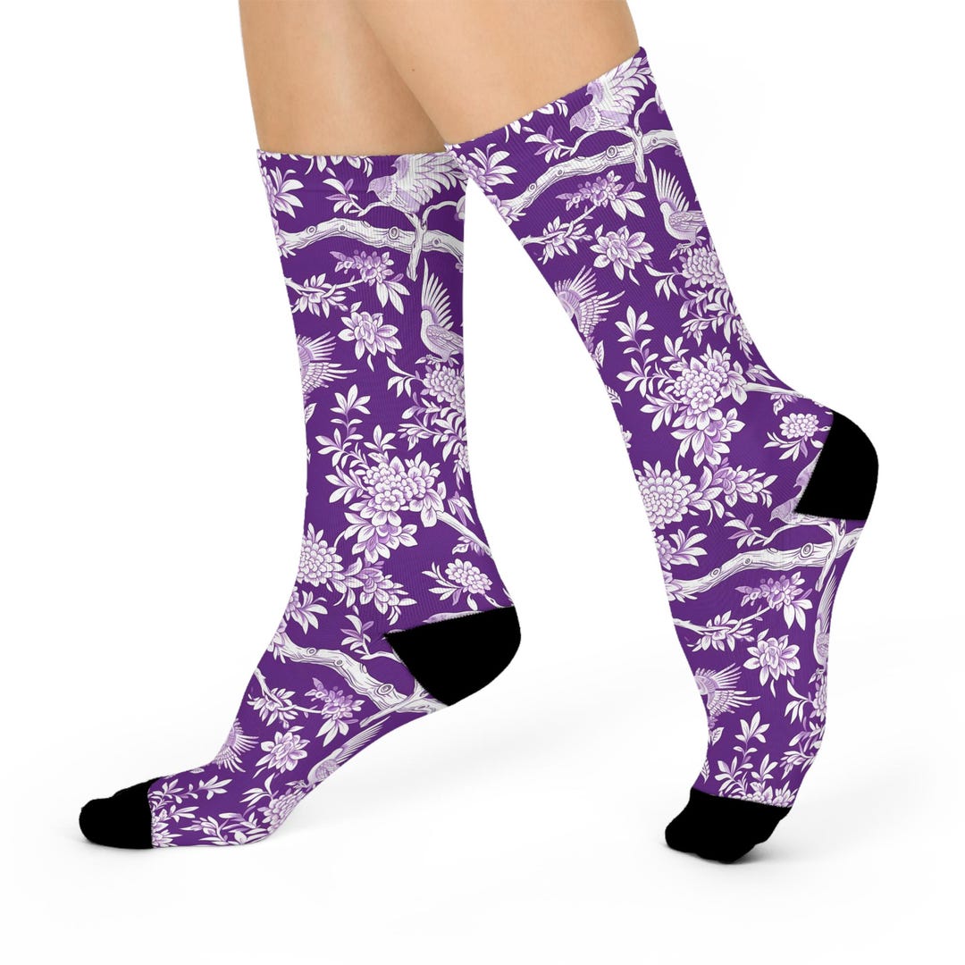 Purple Chinoiserie Bird Florals Socks, Wildflower Rose Cottagecore ...