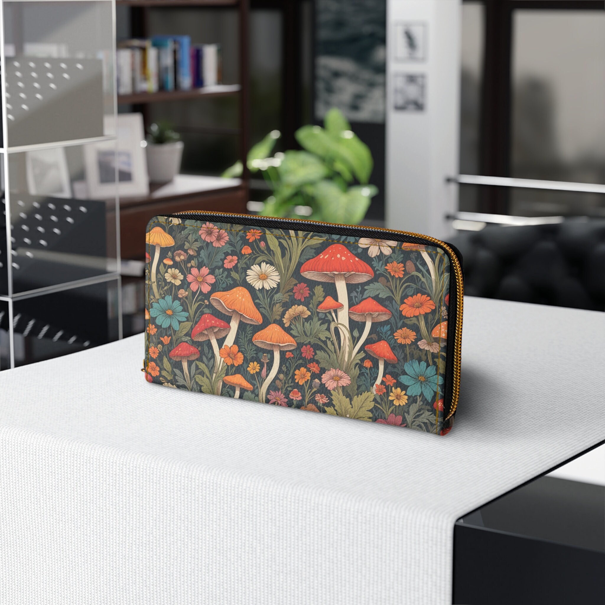 Mushroom Wildflower Garden Wallet With Zipper, Cottagecore Moon Cute ...