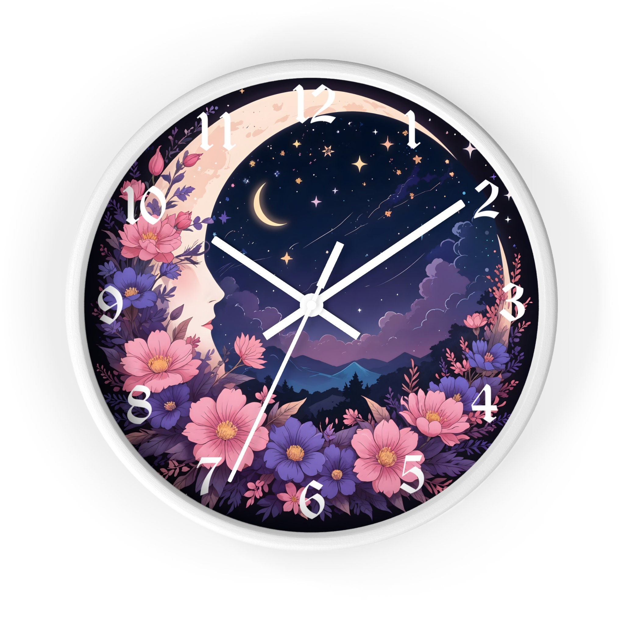 Mystical Purple Moon Wall Clock, Cottagecore Celestial Wildflower Moon ...