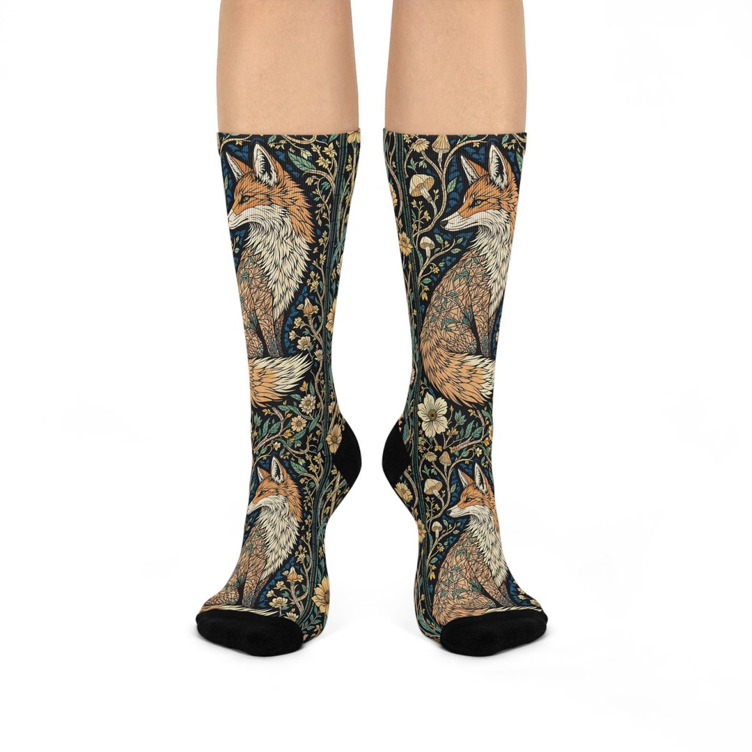 Mosaic Fox Art Nouveau Floral Socks, Wildflower Cottagecore Witchy ...