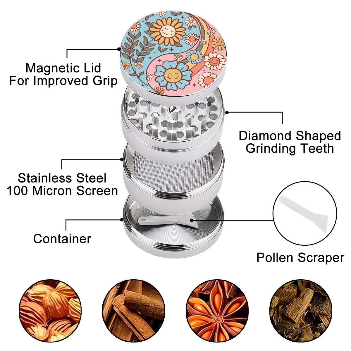 Retro Yin Yang Herb Grinder, Groovy Hippie Floral Boho Metal Kitchen ...